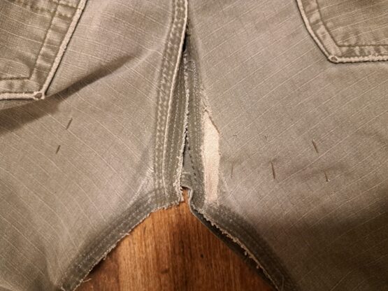 Best way to patch a big hole in work pants - Shoebox On A Hill